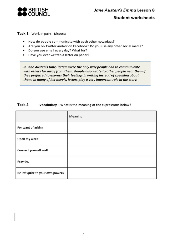 EMMA Student Worksheet Br. Council | PDF | Emma (Novel) | Jane Austen