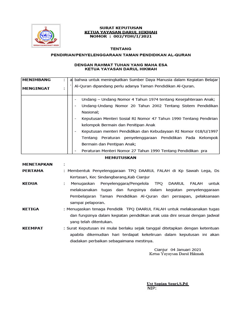 SK Pendirian TPQ | PDF