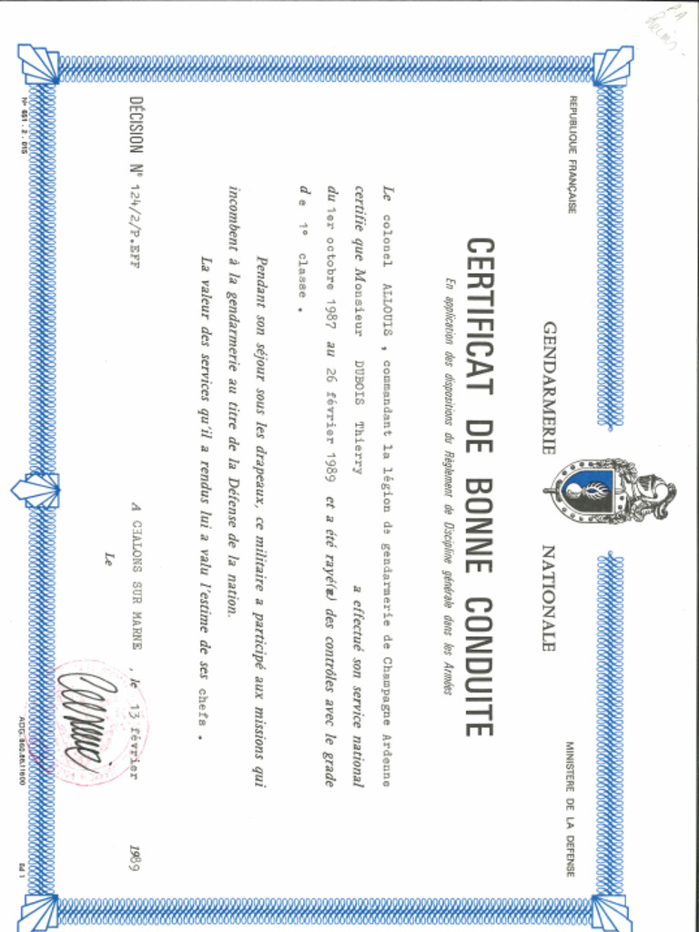 Certificat de Bonne Conduite Thierry DUBOIS | PDF