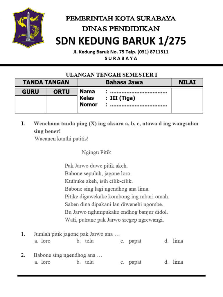 S1 Kelas 3 PTS B. Jawa | PDF