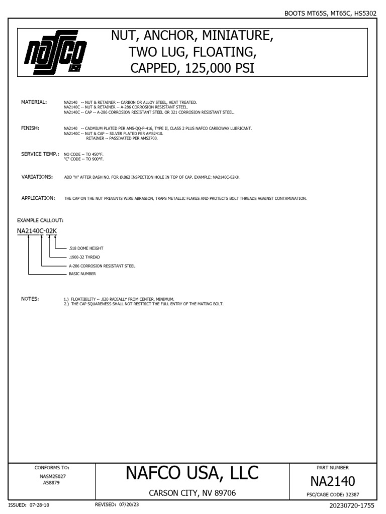 Na2140 Series Miniature Two Lug Floating Capped Anchor Nut Rev. 20230720 1755 Model Page.2 | PDF ...