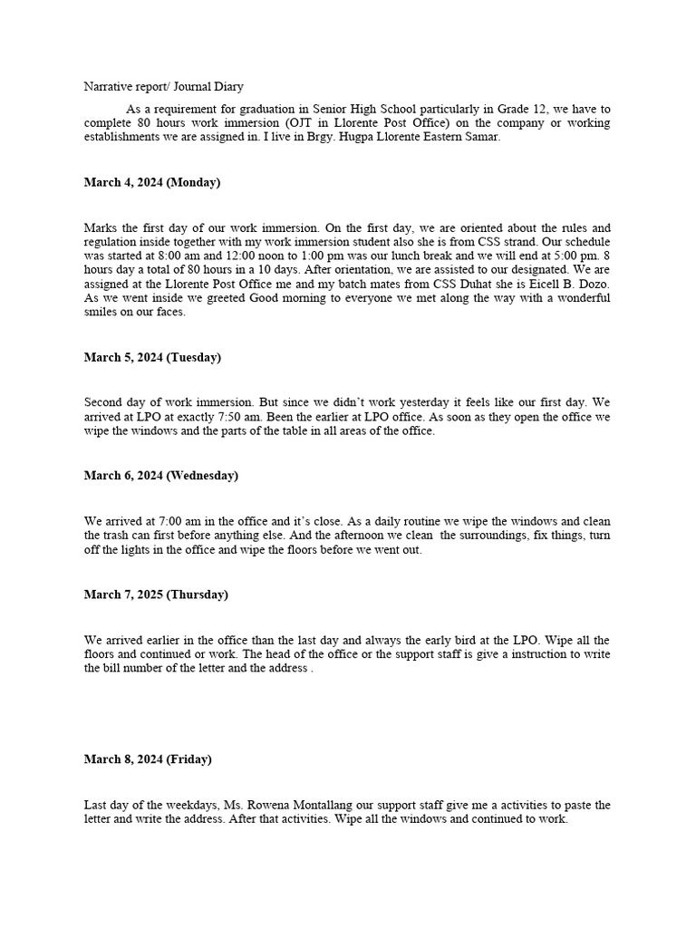 Narrative Report Immersion Nathleen | PDF