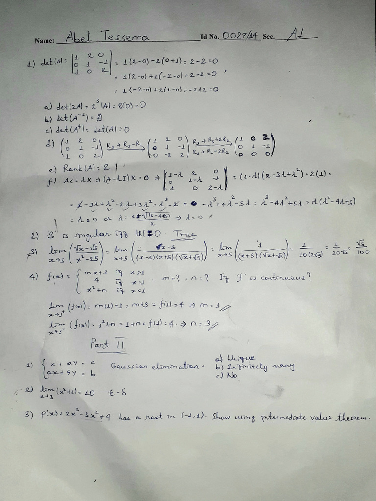 Applied Math I Midterm Exam 2 (AASTU) | PDF