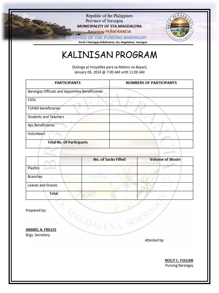 Kalinisan Program Weekly Report | PDF