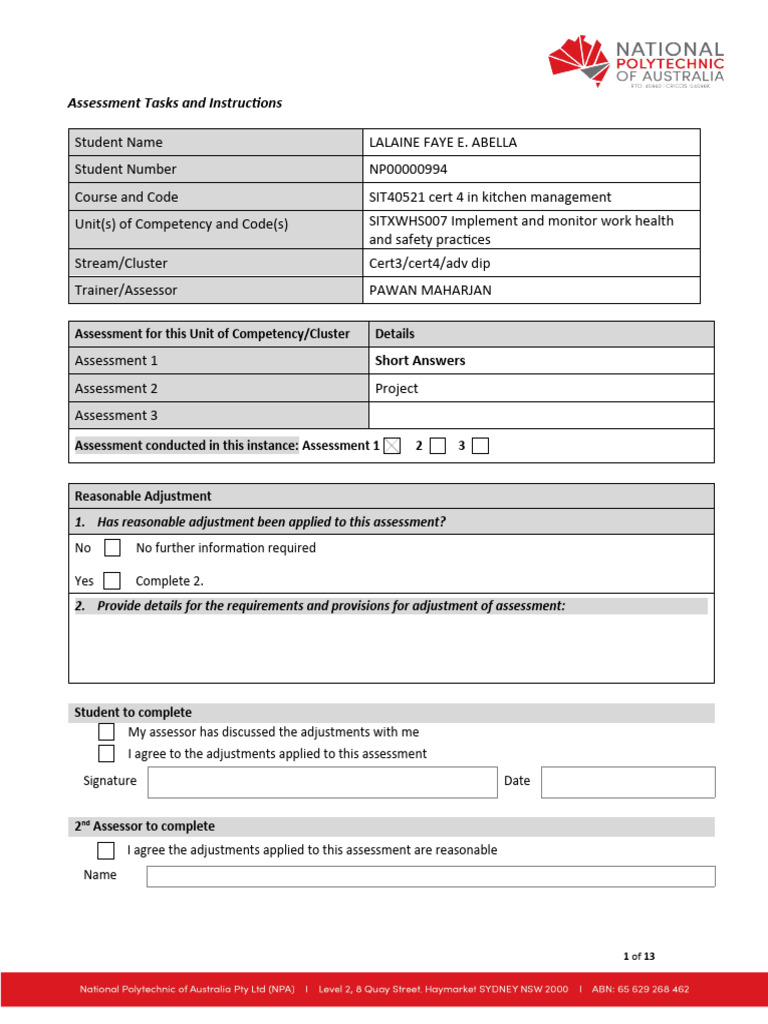 NPA SITXWHS007 Assessment 1 Short Answer Final | PDF | Occupational ...