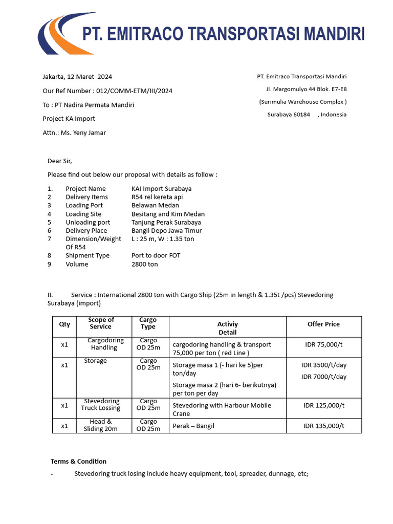 ETM Quotation Nadira KAI Import 2800 Rev 12 Maret 2024 | PDF | Cargo | Consumer Goods