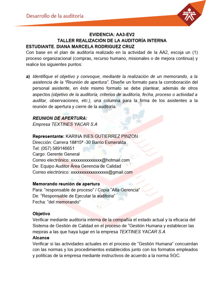 Evidencia - AA3 - Ev2 - Taller Realización de La Auditoría Interna. | PDF | Auditoría | Contralor