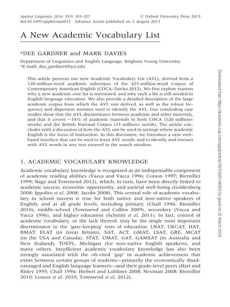 The Academic Vocabulary List (Gardner and Davies, 2014) | PDF | Part Of ...