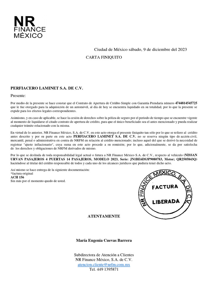 Carta de Finiquito NR Finance México | PDF