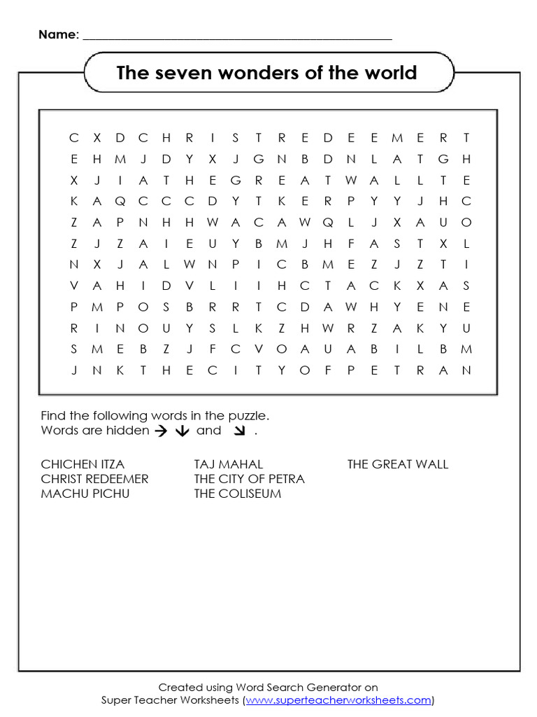 Seven Wonders Word Search Worksheet | PDF | Word Search | Linguistics