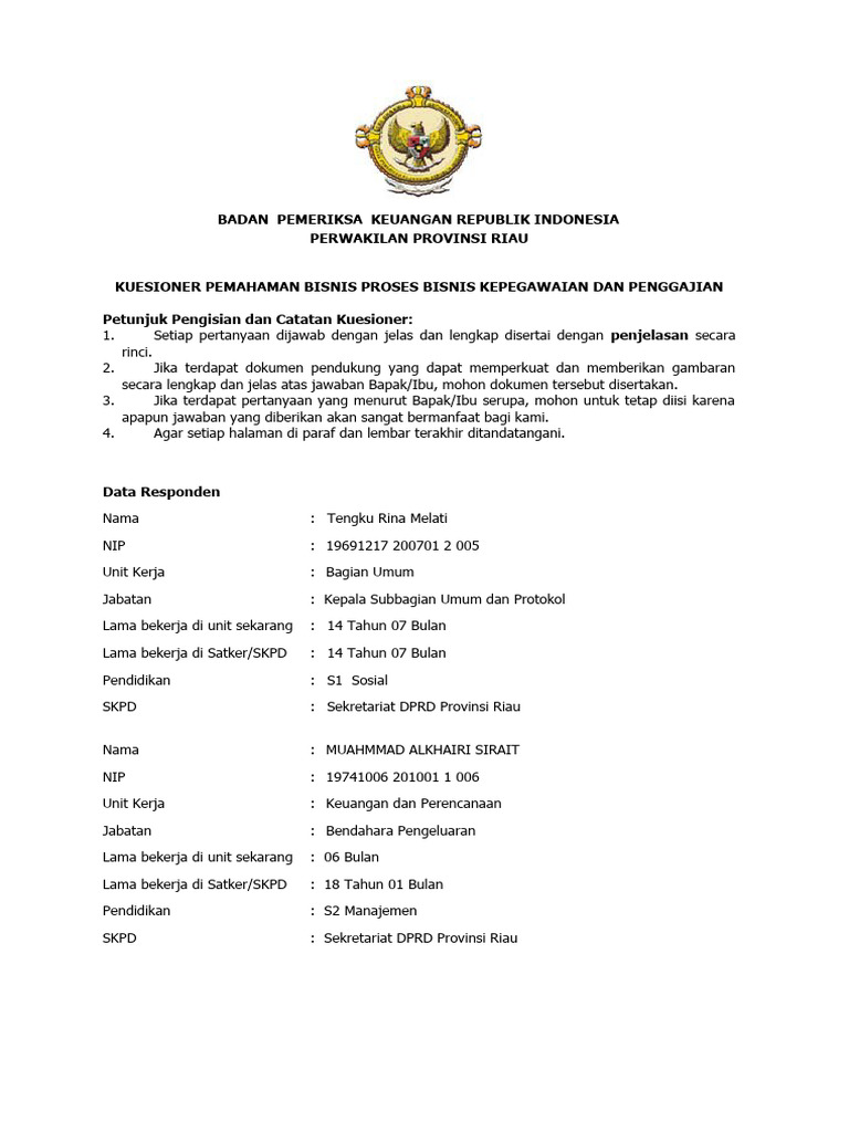 Form Kuesioner Probis Kepegawaian Dan Penggajian 1 | PDF