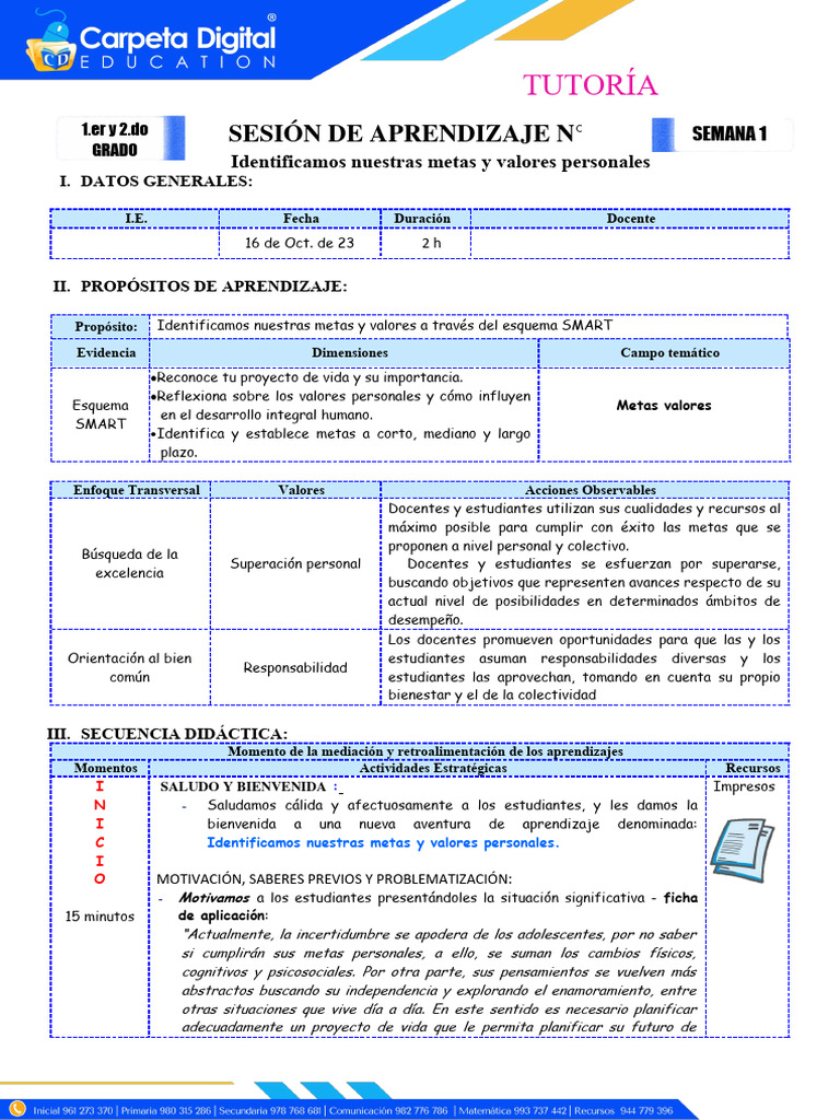 1° y 2° - SESIÓN - DE - APRENDIZAJE 1°-SEM.1-EXP.7-TUTORÍA | PDF | Aprendizaje | Enseñando