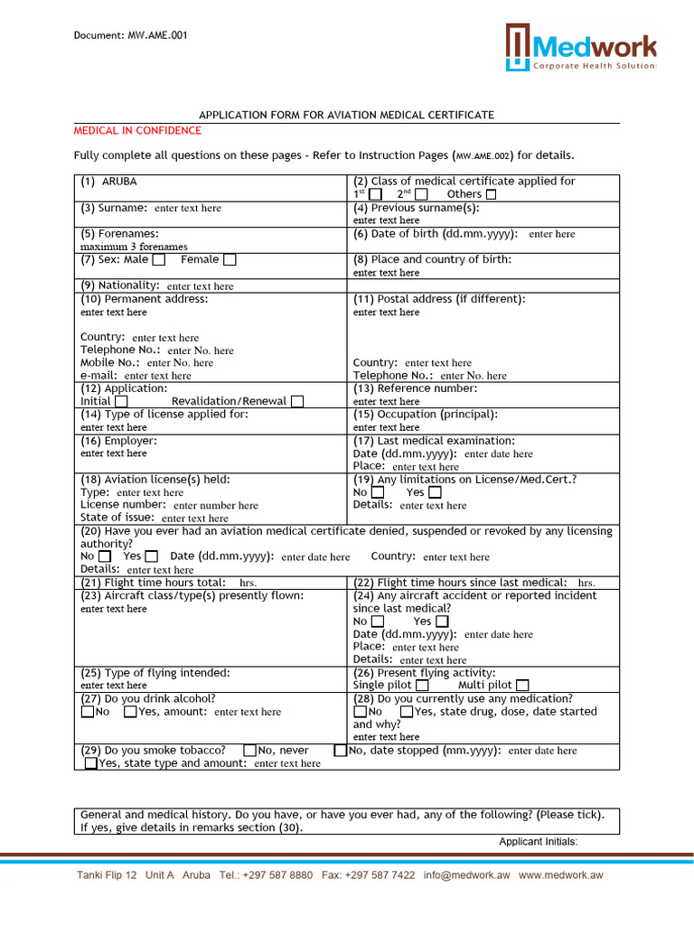 MW - AME.001 Application Form For Aviation Medical Certificate | PDF ...