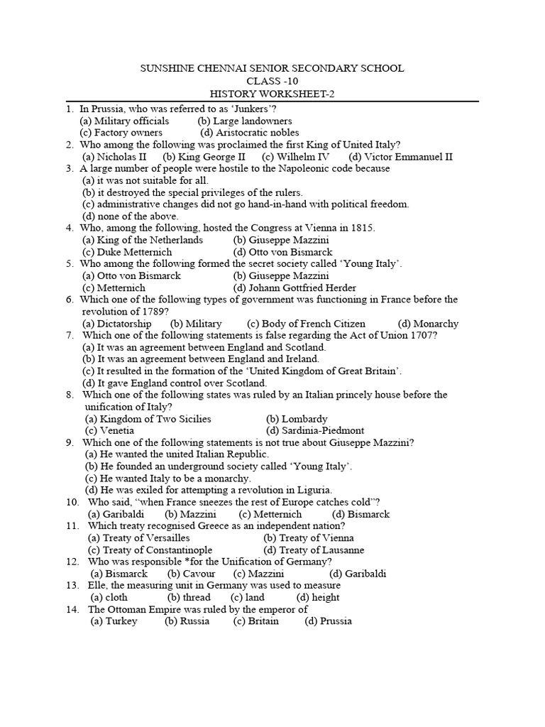 Class 10 History Worksheet on European Unification | PDF | Kingdom Of ...