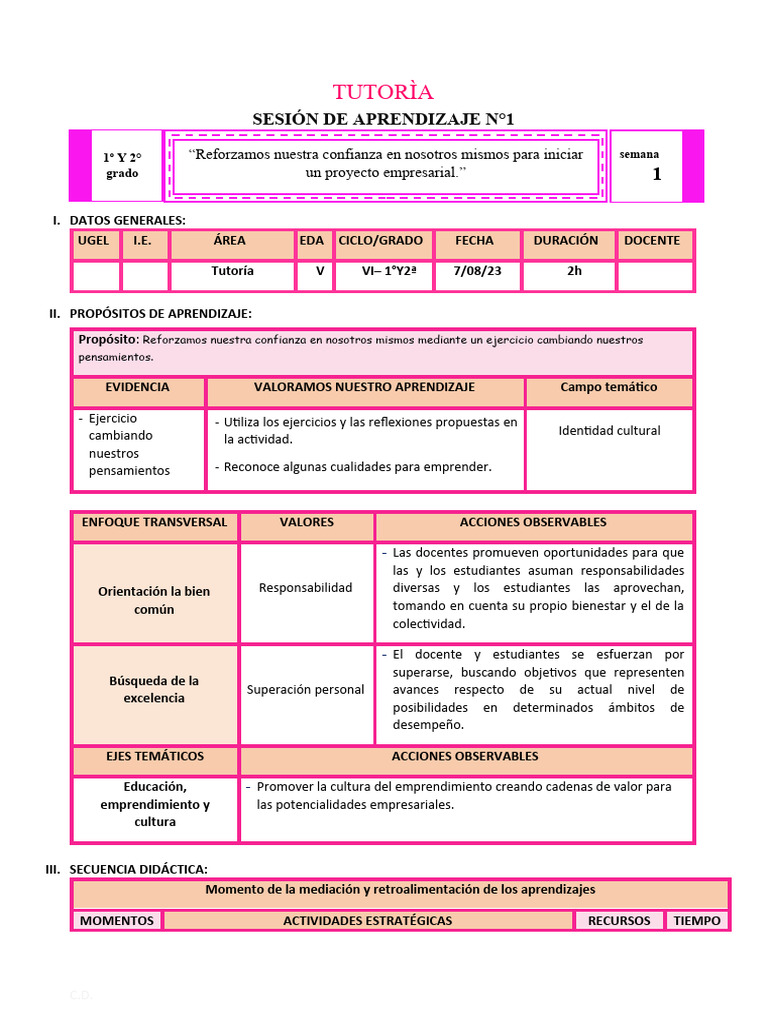1° y 2°SESION DE APRENDIZAJE-SESIÓN.1-SEM.1-EXP.5-TUTORÍA | PDF | Aprendizaje | Maestros