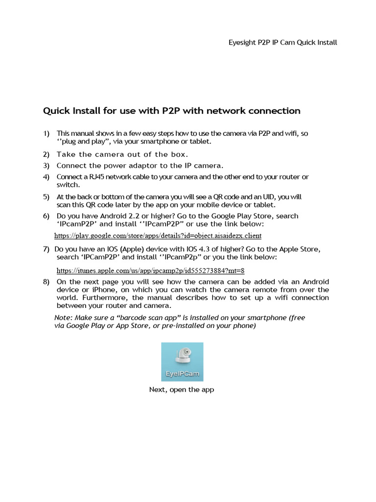 Quick Guide: Eyesight P2P IP Cam Setup | PDF | Ios | Wi Fi