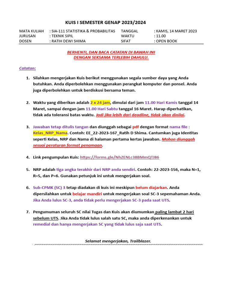 (SOAL KUIS I) SIA-111 STATPROB - 2024 - Fix 2 | PDF