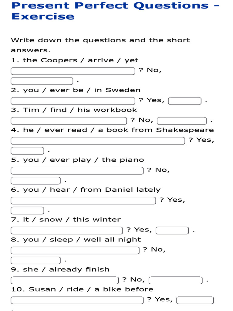 Present Perfect Questions Exercise English4u | PDF