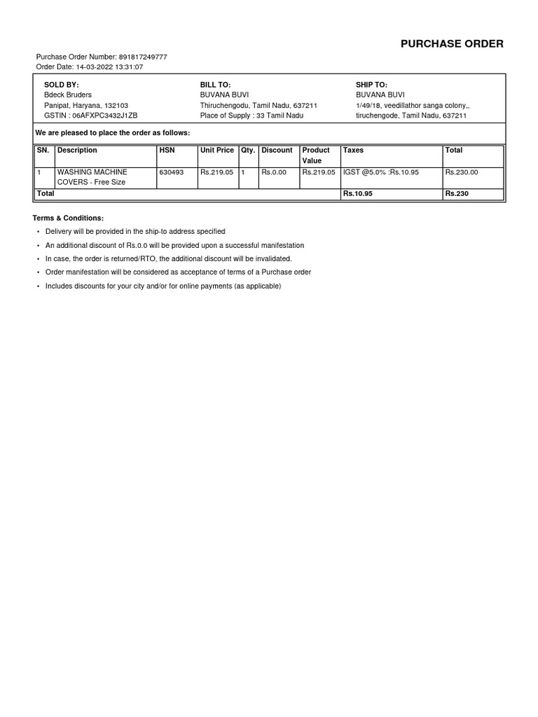 Purchase Order Details for Tamil Nadu | PDF