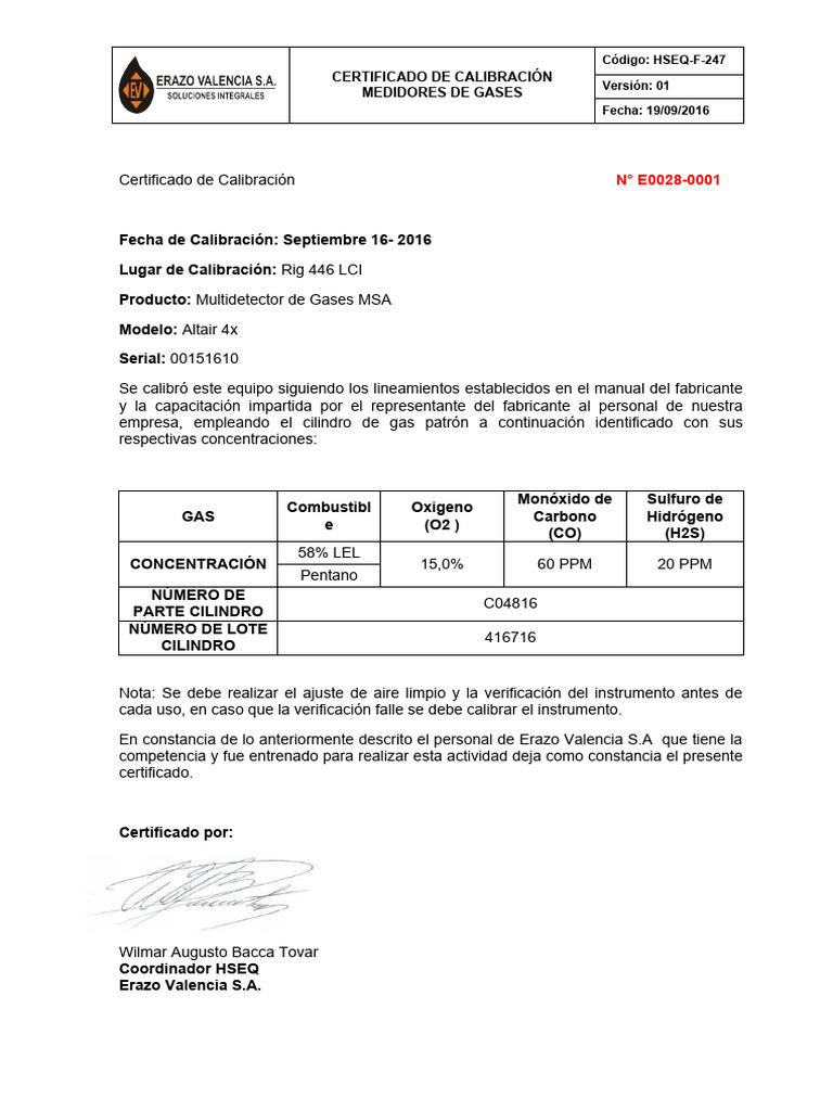 Certificados de Calibración de Gases | PDF | Monóxido de carbono | Química