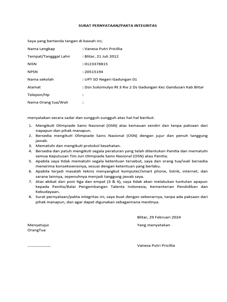 Contoh Lampiran - Pakta - Integritas OSN | PDF