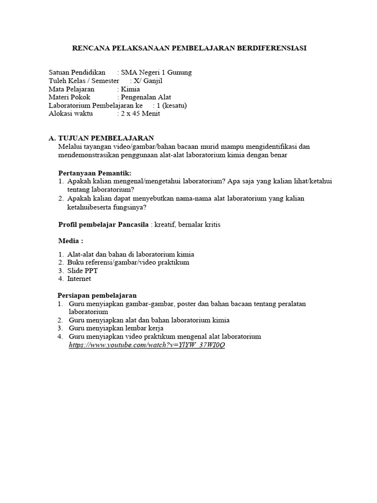 RPP Kimia Kelas X - Pengenalan Alat Laboratorium-Pembelajaran Berdiferensiasi | PDF