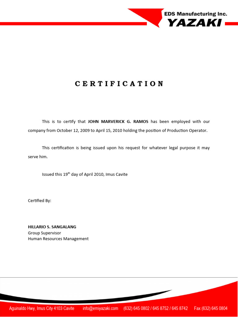 Yazaki Employment Certificate | PDF