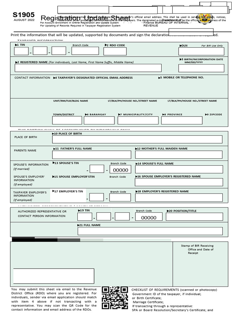 BIR S1905 - Registration Update Sheet | PDF