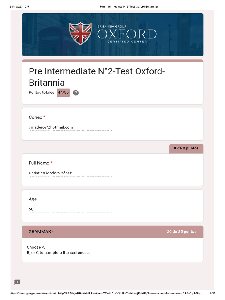 Pre Intermediate N°2-Test Oxford-Britannia | PDF