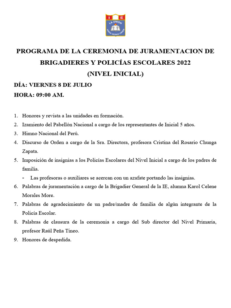 Programa de La Ceremonia de Juramentacion - Nivel Inicial | PDF