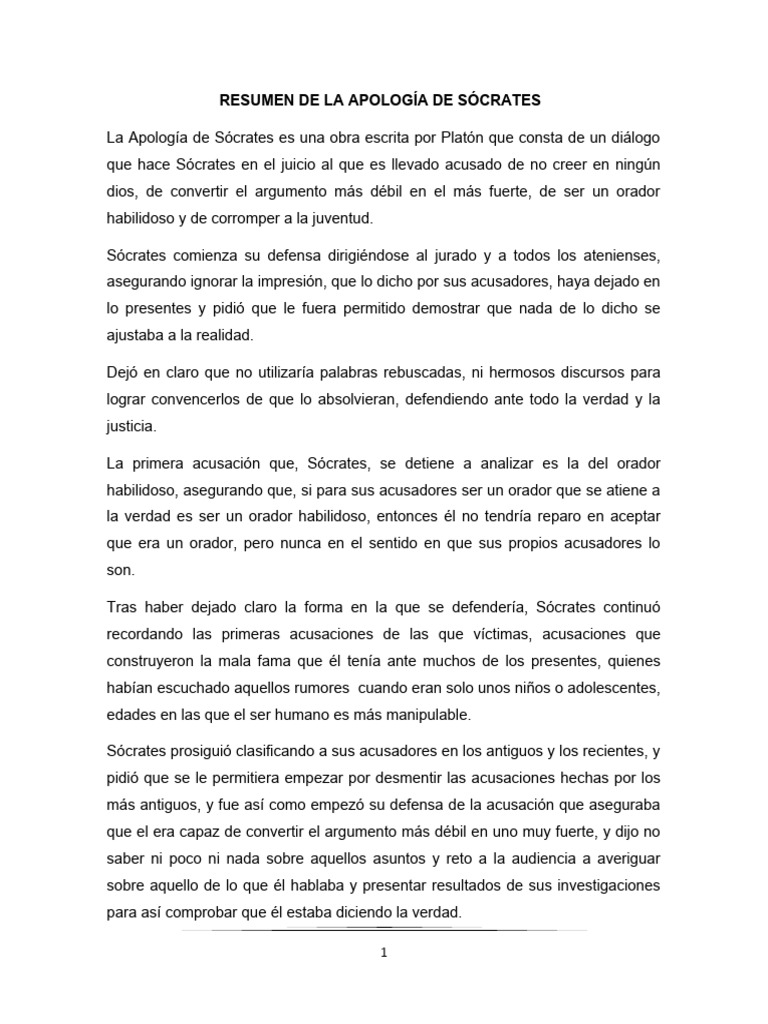 Resumen de la Apología de Sócrates | PDF | Platón | Sócrates