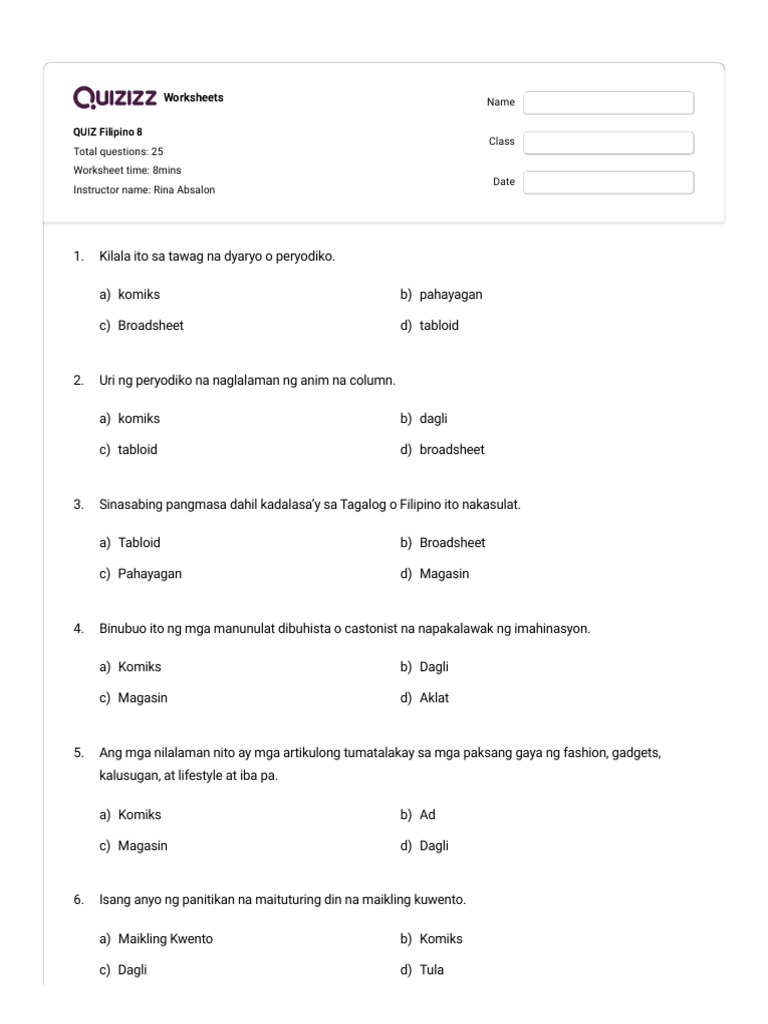 QUIZ Filipino 8 - Quizizz | PDF