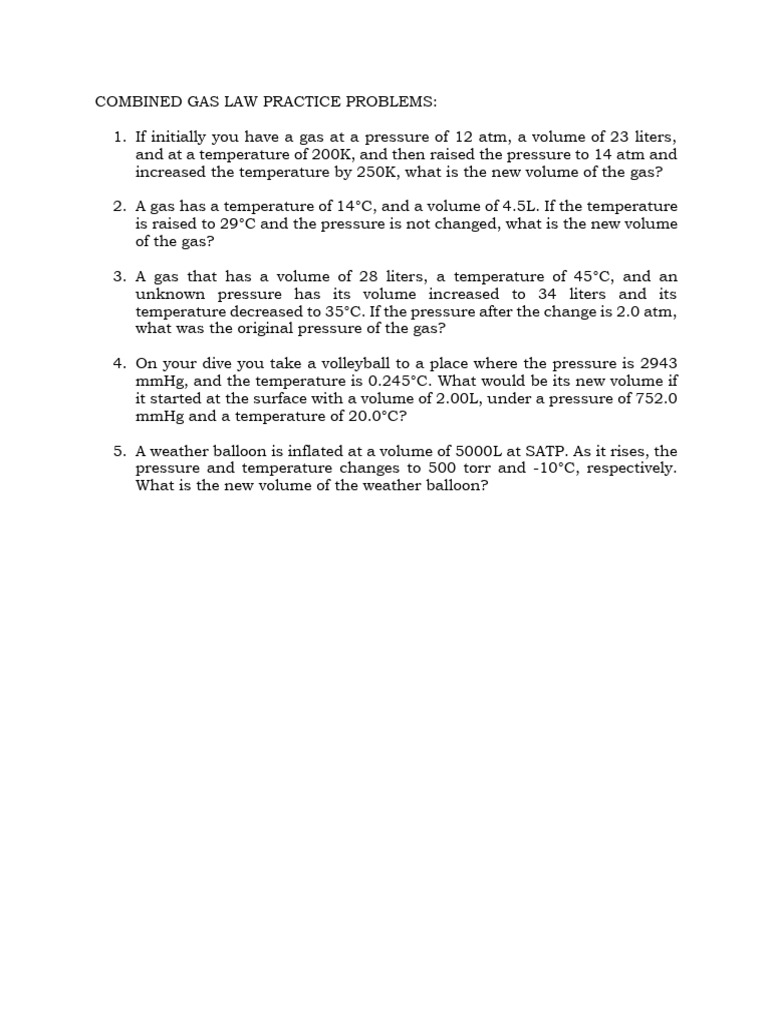 Combined Gas Law PracProbs | PDF