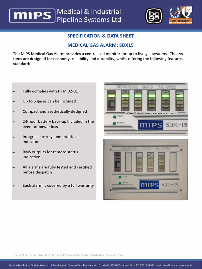 Medical Gas Alarm SDX15 Specifications | PDF