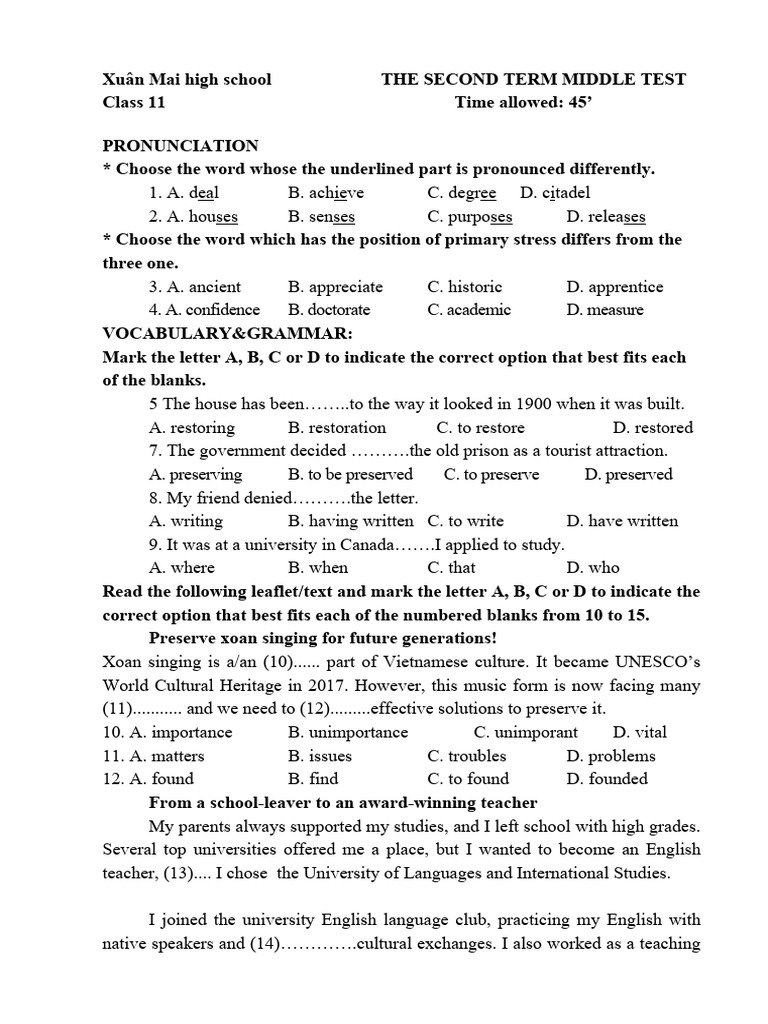 THE SECOND MIDDLE TERM TEST 11-2023-2024 | PDF