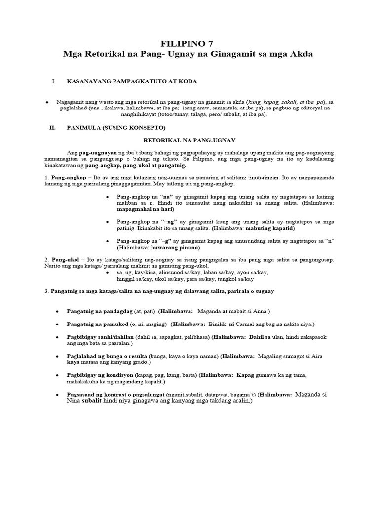 FILIPINO 7 Mga Retorikal Na Pang - Ugnay Na Ginagamit Sa Mga Akda | PDF
