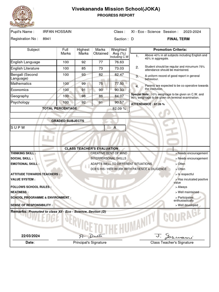 ProgressReport-8941-IRFAN HOSSAIN-XI-ECO-SCI-FINAL TERM-2023-2024 | PDF