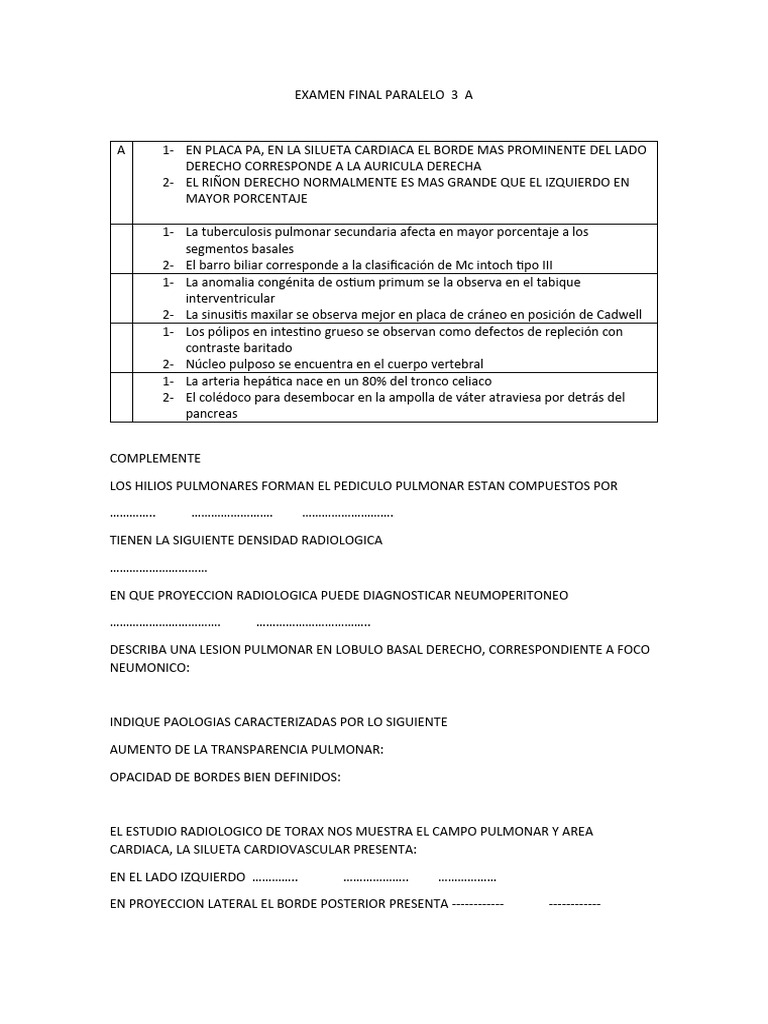 Examen Final Paralelo 3 A | PDF | Órgano (anatomía) | Anatomía