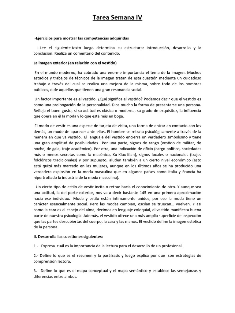 Tarea Semana Iv (Español I) | PDF | Comprensión lectora | Moda