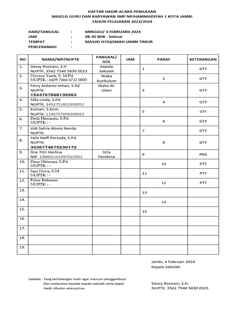 Daftar Hadir Acara Pengajian 2 | PDF