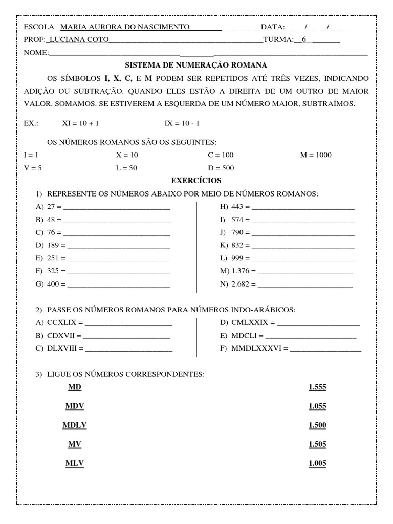 Atividades de Números Romanos 6º Ano | PDF | Aritmética | Ortografia