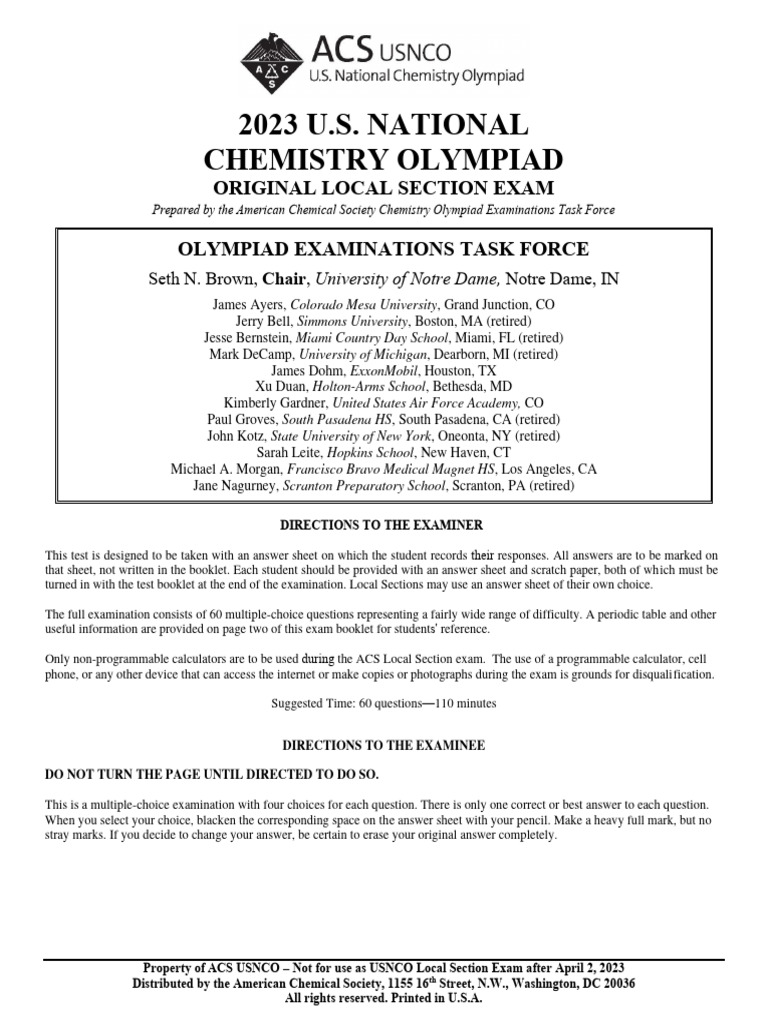 2023 Usnco Local Exam Local Original | PDF | Acid | Mole (Unit)