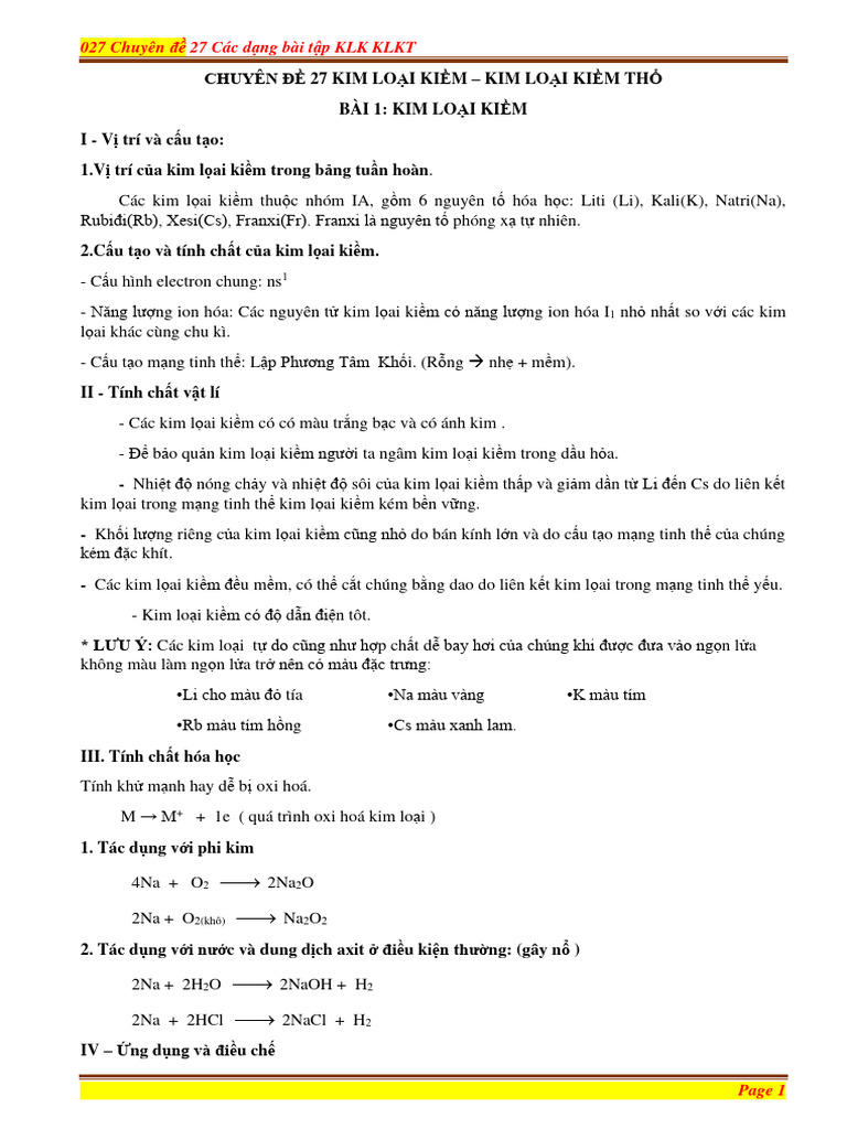 027 Chuyên Đề 27 Các Dạng Bài Tập KLK - KLKT | PDF