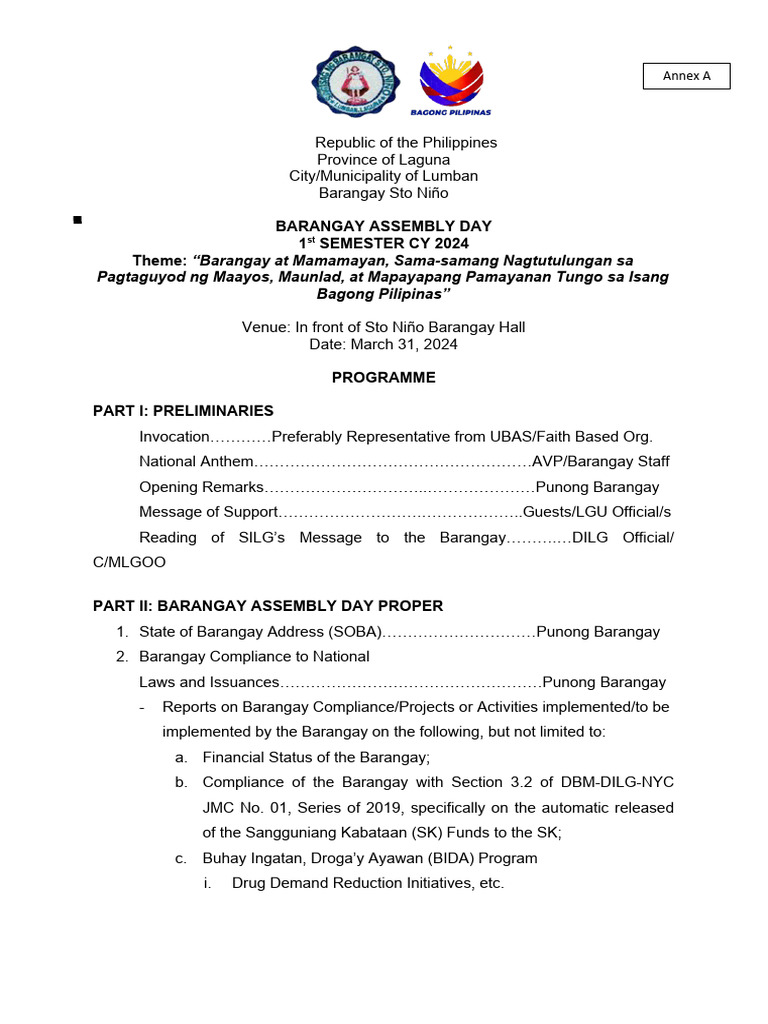 Annexes A, G, I - Templates For Barangay - Jan 24 | PDF