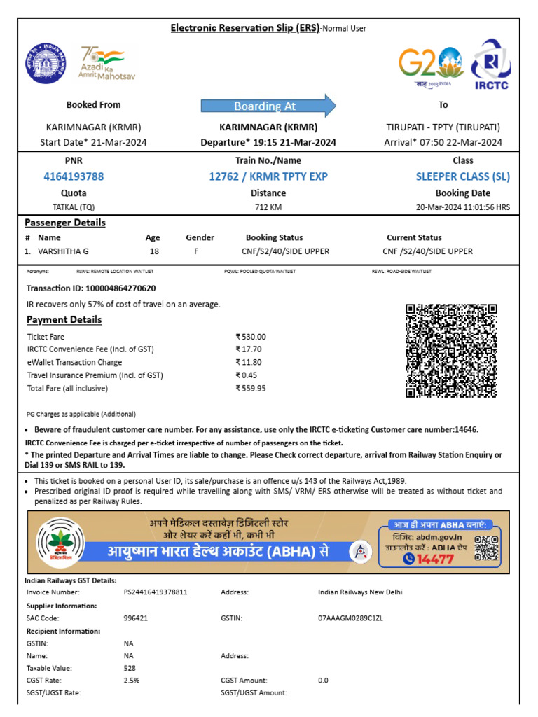 Varshitha Ticket | PDF | Identity Document