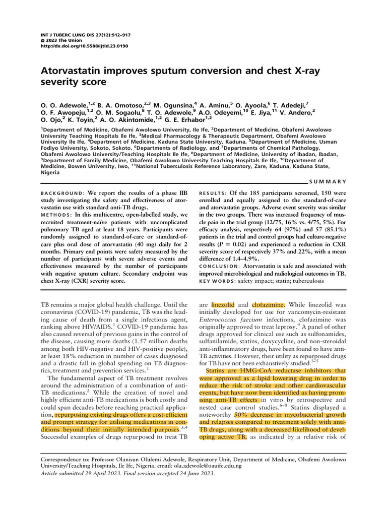 Atorvastatin Improves Sputum Conversion and Chest X-Ray Severity Score ...