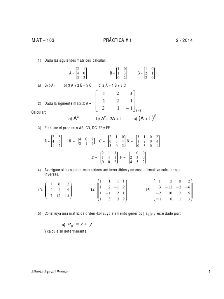 practica 1 mat 103 - 2-2014 | PDF | Matriz (Matemáticas) | Relaciones matematicas