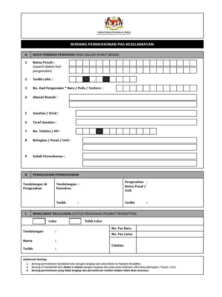 Borang Permohonan Pas Keselamatan | PDF