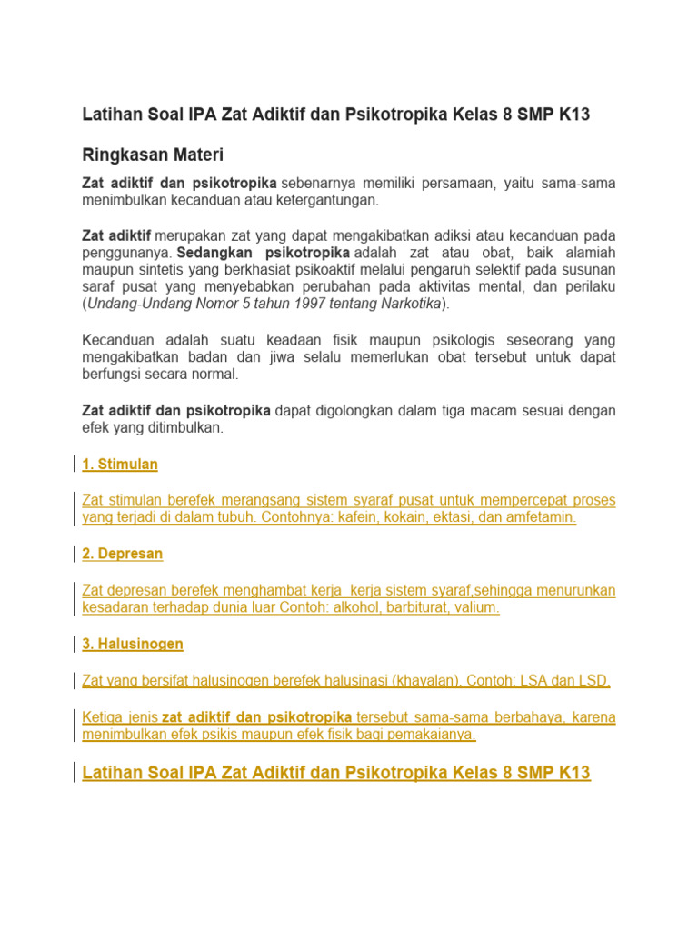 Latihan Soal IPA Zat Adiktif Dan Psikotropika Kelas 8 SMP K13 | PDF