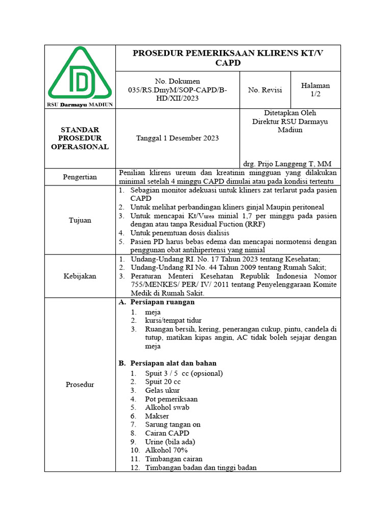 Prosedur Pemeriksaan Klirens KTV Capd | PDF